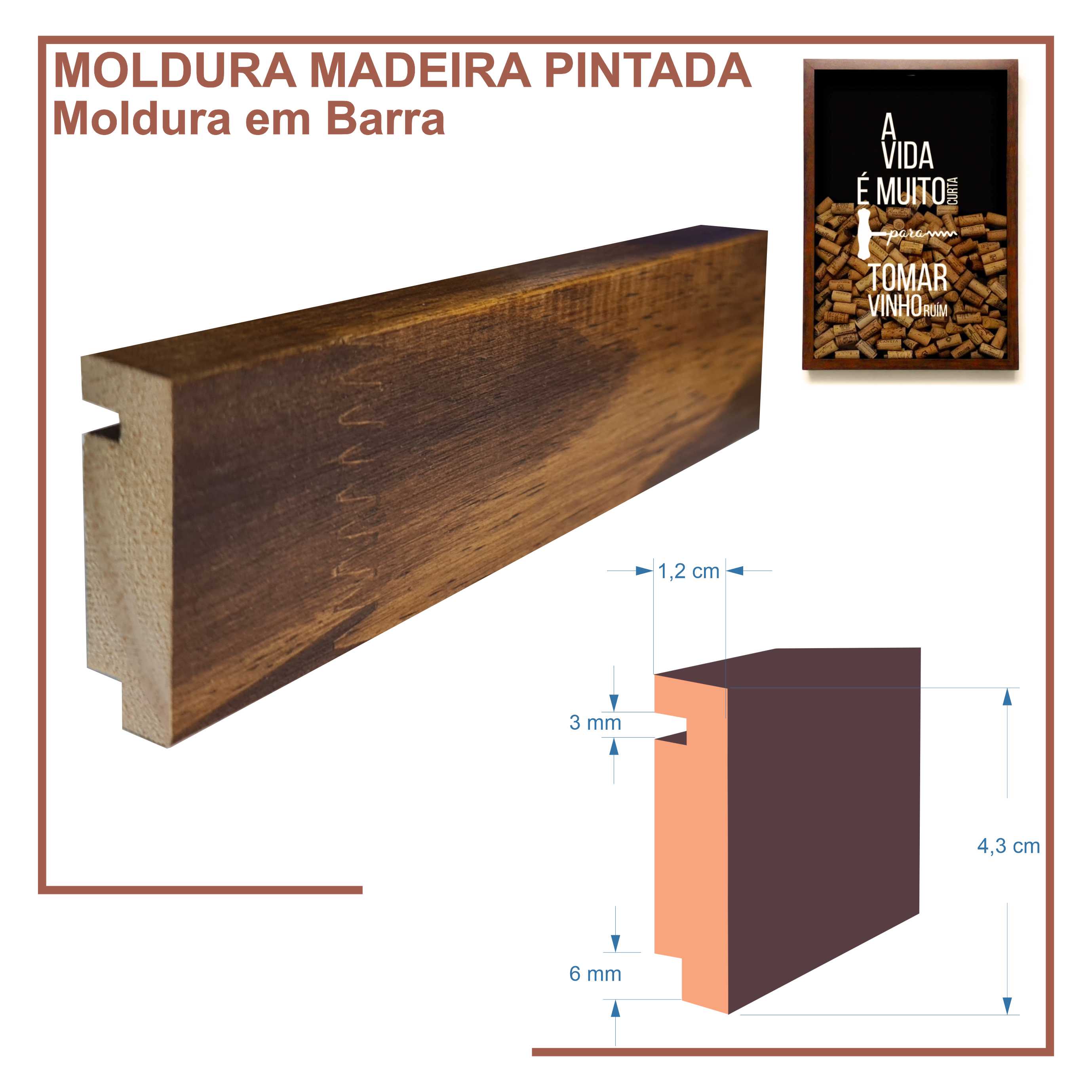 Moldura em Barra cor Madeira natural c/ Betume para Caixa de Rolhas ...